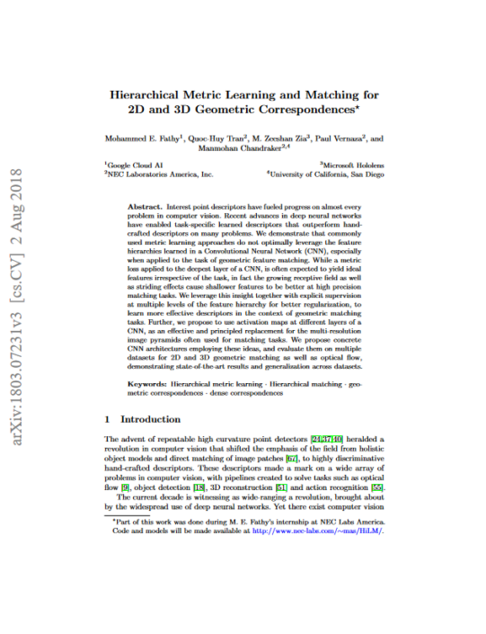 Hierarchical Metric Learning & Matching for 2D & 3D Geometric Correspondences | NEC Labs